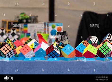 Lubań Poland July 2 2021 Different types of Rubik s cube on display Puzzle toy colorful