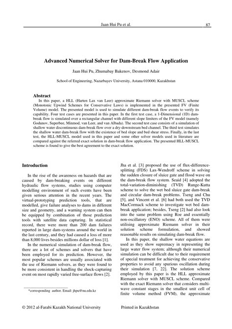 Pdf Advanced Numerical Solver For Dam Break Flow Application