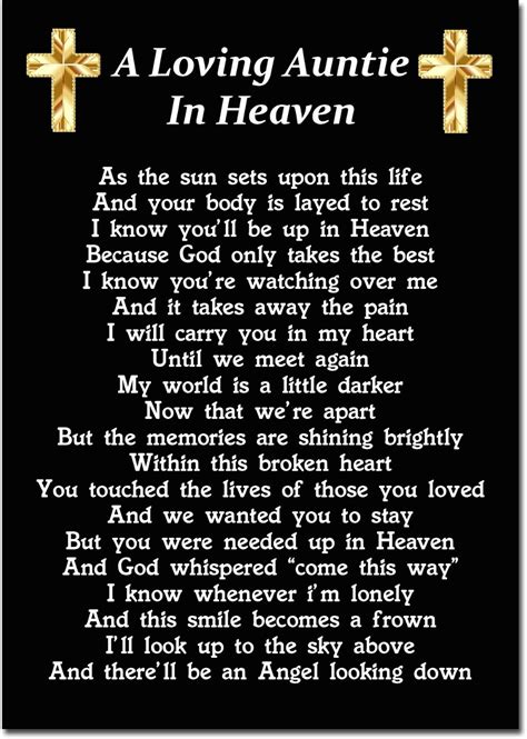 A Loving Auntie In Heaven Memorial Graveside Funeral Poem Keepsake Card