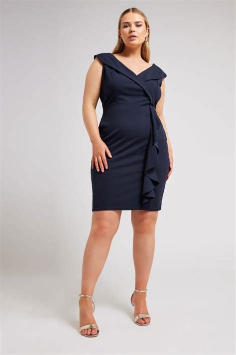 Yours London Plus Size Navy Blue Lace Wrap Ruffle Midi Dress Yours