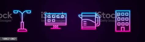 라인 가로등 스마트 Tv 전기 주전자 및 집을 설정하십시오 빛나는 네온 아이콘입니다 벡터 0명에 대한 스톡 벡터 아트 및 기타