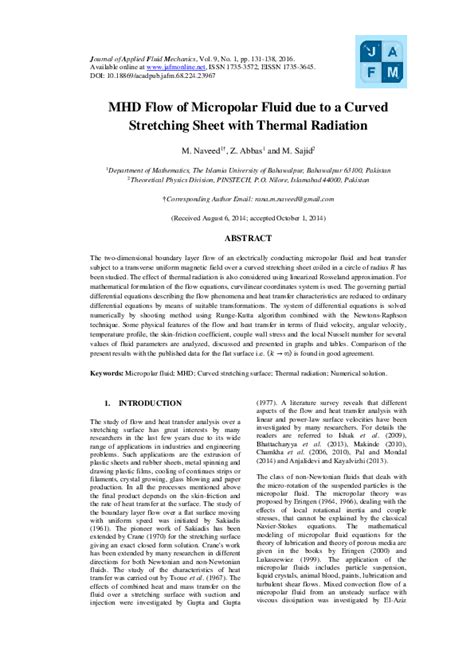 Pdf Mhd Flow Of Micropolar Fluid Due To A Curved Stretching Sheet With Thermal Radiation