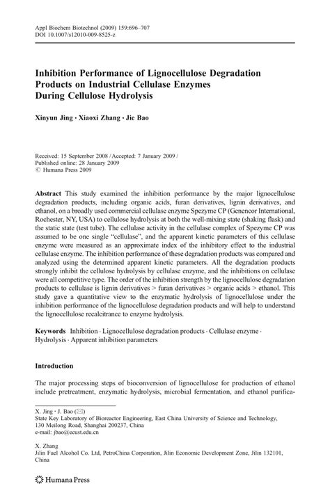 Pdf Inhibition Performance Of Lignocellulose Degradation Products On