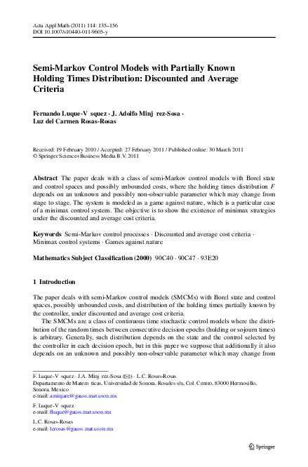 Pdf Semi Markov Control Models With Partially Known Holding Times