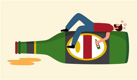 플랫 디자인의 맥주병에서 자고 있는 술 취한 남자 알코올 중독 알코올 중독자 Ale에 대한 스톡 벡터 아트 및 기타 이미지 Ale 고독 부정적인 감정 표현 금요일