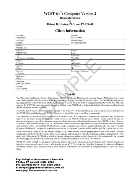 Wcst 64 Cv2 Report Psychological Assessments Australia