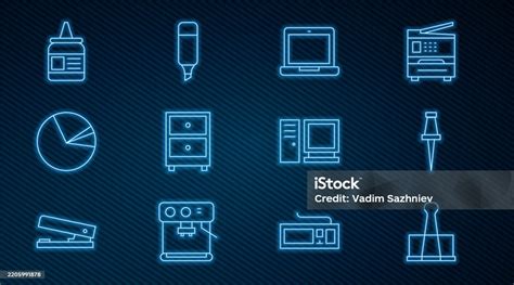 라인 바인더 클립 푸시 핀 노트북 문서가 있는 서랍 파이 차트 인포그래픽 접착제 컴퓨터 모니터 및 마커 펜 아이콘을 설정합니다 벡터 교육에 대한 스톡 벡터 아트 및 기타