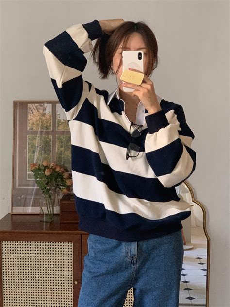 클로픈 블랙 다음날 바로 출고 럭비 스트라이프 카라 맨투맨 셔츠3 Color