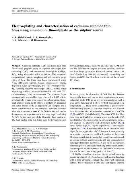 Pdf Electro Plating And Characterisation Of Cadmium Sulphide Thin Films Using Ammonium