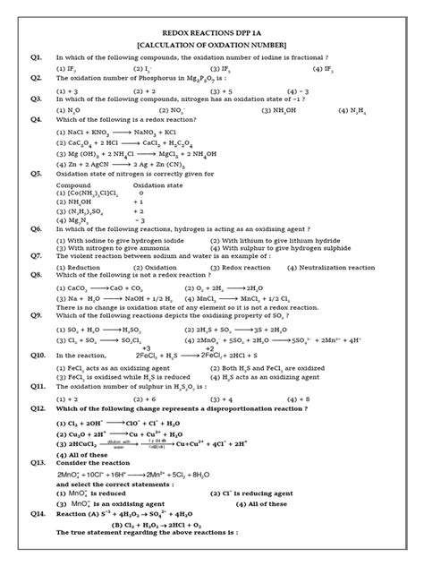 Redox Reactions Dpp 1a Calculate Oxidation Number Pdf Redox