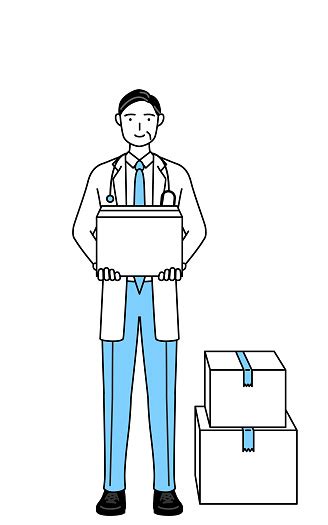 청진기가 달린 흰 코트를 입은 남성 의사 골판지 상자를 운반하기 위해 일하는 노인 중년 참전 용사 건강 진단에 대한 스톡 벡터 아트 및 기타 이미지 Istock