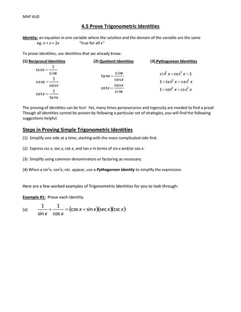 4 5a Prove Trigonometric Identities Mhf 4u 4 Prove Trigonometric Identities Identity An