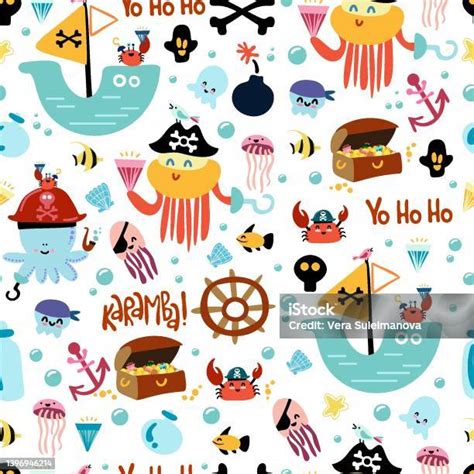 귀여운 바다 해적과 벡터 원활한 패턴 손으로 그린 재미있는 벡터 패턴 해적 모자 게 해파리 보물 물고기 및 거품에 귀여운 문어