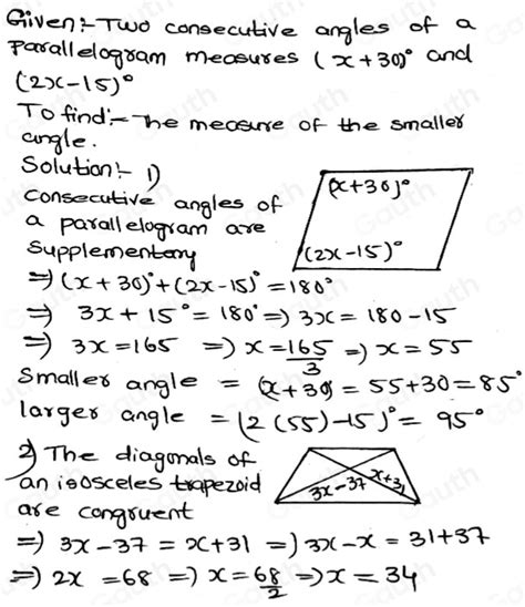 Solved 1 Two Consecutive Angles Of A Parallelogram Have Measures X 30 Ana 2x 15 ] Circ