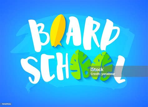 서핑 보드 종 려 잎 및 텍스트 파란색 배경에 밝은 여름 배너 평면 디자인입니다 벡터 카드입니다 개념에 대한 스톡 벡터 아트 및