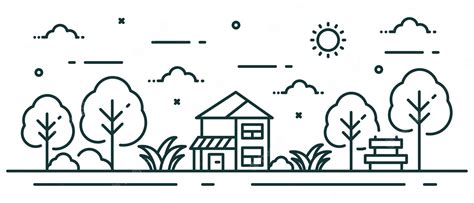 집과 선 스타일의 그림 나무 프리미엄 벡터