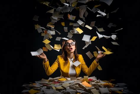 Premium Ai Image Tired Businesswoman Over Exploding Paper Documents