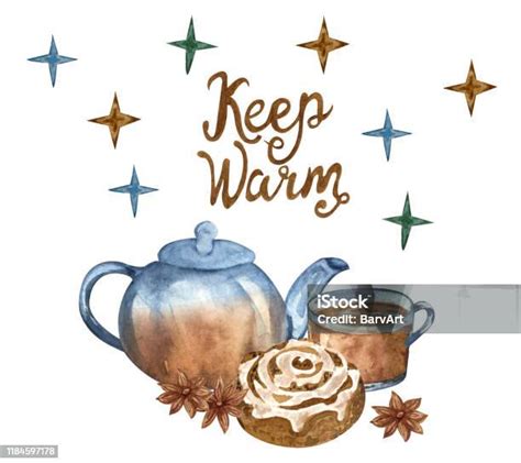 따뜻하게 유지하고 뜨거운 음료를 마십니다 유리 차 주전자 투명 한 찻잔 차 계 피 롤 빵 수채화 손으로 그린 그림 가을에 대한