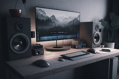 illustration desk with keyboard monitors speakers and mouse