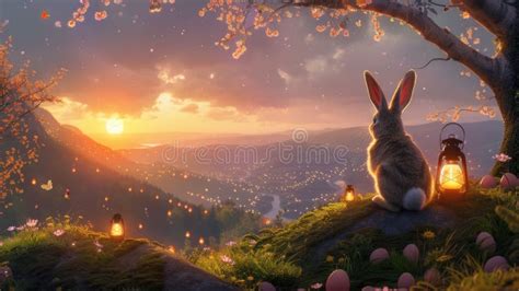 Rabbit Sitting At Hill While Looking At Twilight Sky With Fantasy Lamp AIG Stock Image