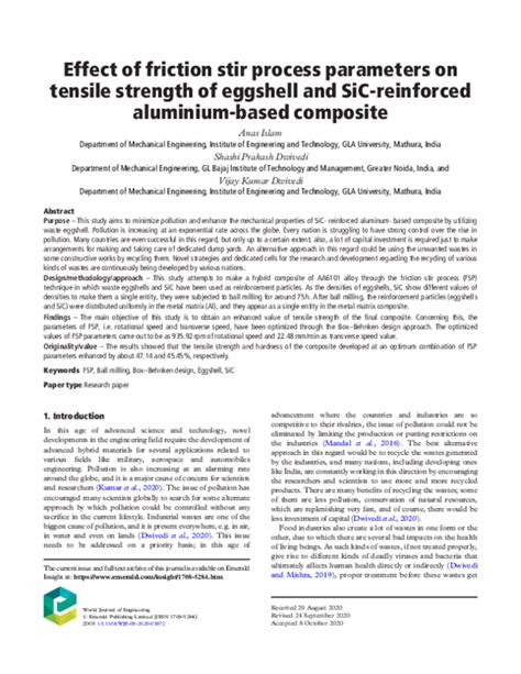 Pdf Effect Of Friction Stir Process Parameters On Tensile Strength Of Eggshell And Sic