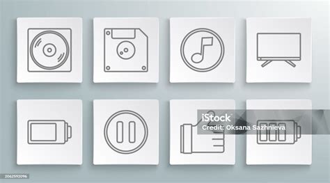 라인 배터리 충전 수준 표시기 컴퓨터 데이터 저장용 플로피 디스크 일시 중지 버튼 손 모양 음표 톤 스마트 Tv 및 비닐 아이콘을 설정합니다 벡터 계기판 측정기에 대한 스톡