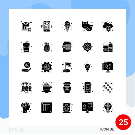 pictogram set of 25 simple solid glyphs of management cloud ice masks