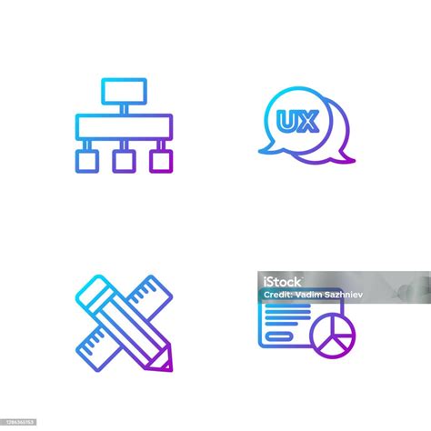 세트 웹 사이트 통계 교차 눈금자 및 연필 사이트지도 및 Ui 또는 Ux 디자인을 설정합니다 그라데이션 색상 아이콘입니다 벡터