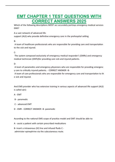 EMT CHAPTER 1 TEST QUESTIONS WITH CORRECT ANSWERS 2025 EMT B Emergency Medical Technician