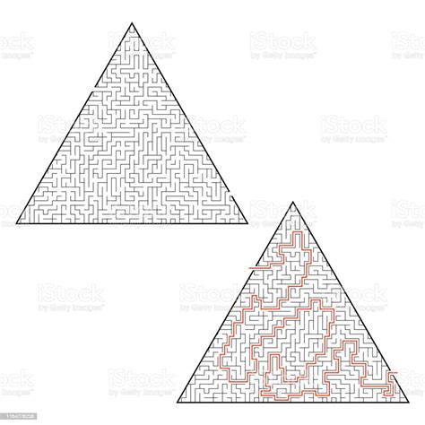 어려운 삼각형 미로 어린이와 성인을위한 게임 아이들을위한 퍼즐 입구 1개 출구 1개 미로 수수께끼 흰색 배경에 격리된 플랫 벡터 그림입니다 대답과 함께 0명에 대한 스톡