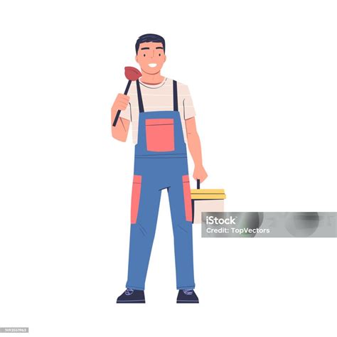 파란색 작업복을 입은 남자 배관공이 플런저와 도구 상자 벡터 일러스트레이션을 들고 서 있다 현장기술자에 대한 스톡 벡터 아트 및