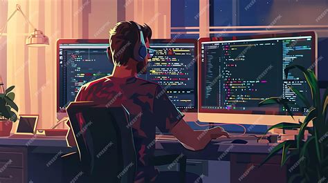 Software Engineer Immersed In Coding On Multiple Computer Screens Late
