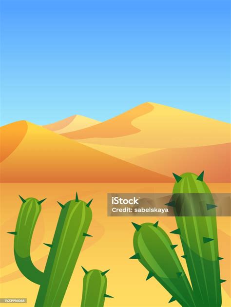 모래와 선인장이있는 수직 사막 풍경 평면 스타일 벡터 일러스트 레이 션 0명에 대한 스톡 벡터 아트 및 기타 이미지 0명 가시 낮 Istock