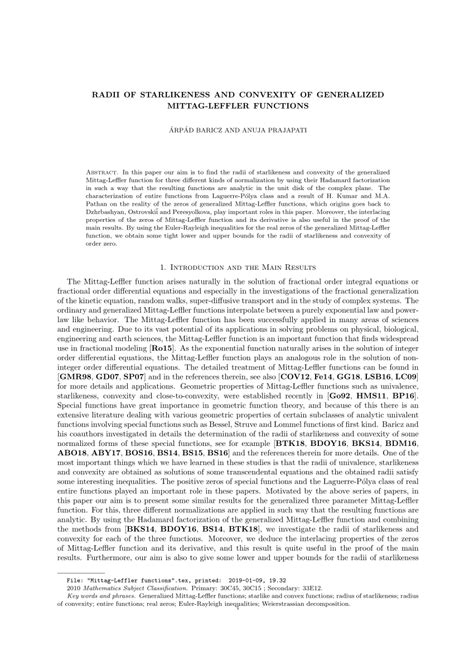 Pdf Radii Of Starlikeness And Convexity Of Generalized Mittag Leffler Functions