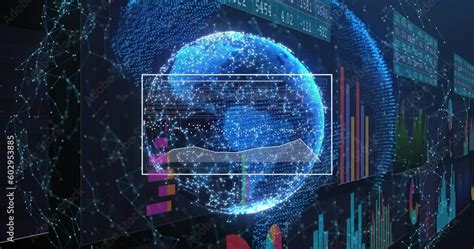 Animation Of Statistical Data Processing Over Globe And Network Of Connections On Blue