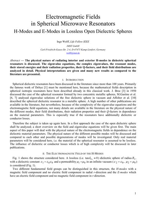 Pdf Electromagnetic Fields In Spherical Microwave Resonators H Modes
