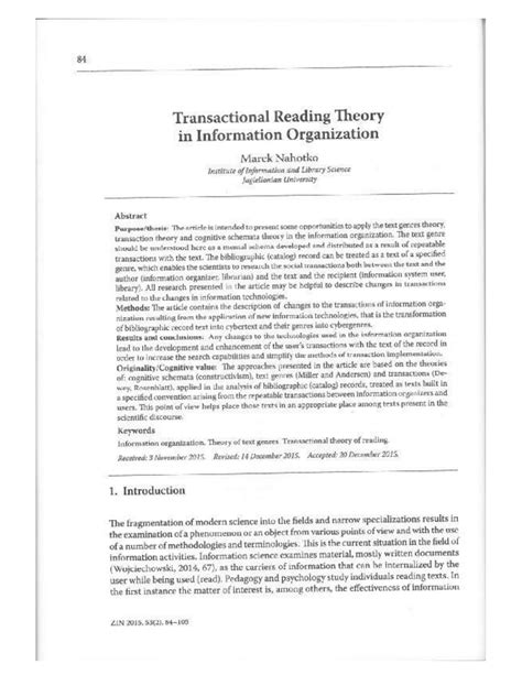 Pdf Transactional Reading Theory In Information Organization