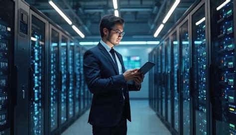 Admin Conducts Maintenance On Ai Neural Networks In Server Hub Using Tablet For Cloud Computing