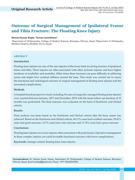 Pdf Outcome Of Surgical Management Of Ipsilateral Femur And Tibia Fracture The Floating Knee