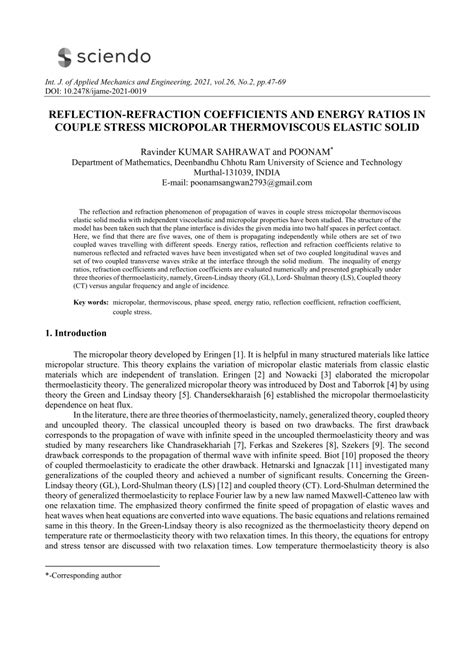 Pdf Reflection Refraction Coefficients And Energy Ratios In Couple