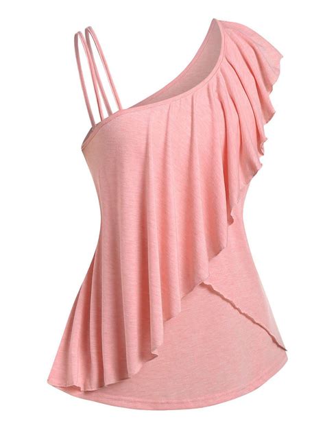 Plus Size Ruffled Overlay Skew Neck Tank Top Clothes For Women Plus