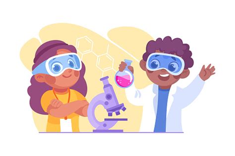귀여운 소년 와 소녀 에 실험실 와 플라스크 와 현미경 행위 실험 벡터 일러스트 실험실에 대한 스톡 벡터 아트 및 기타 이미지