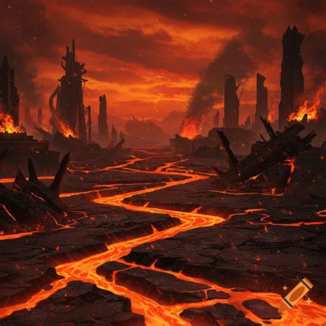 A Dark Fantasy Landscape Depicting Hell With Jagged Rocks Molten Lava