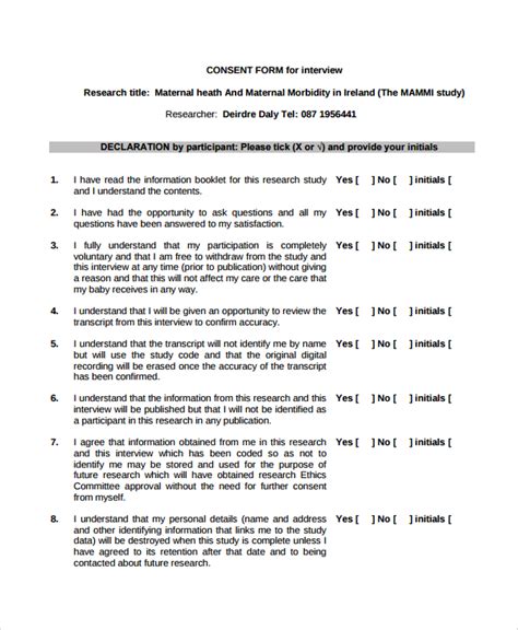 Free 9 Sample Interview Consent Forms In Ms Word Pdf