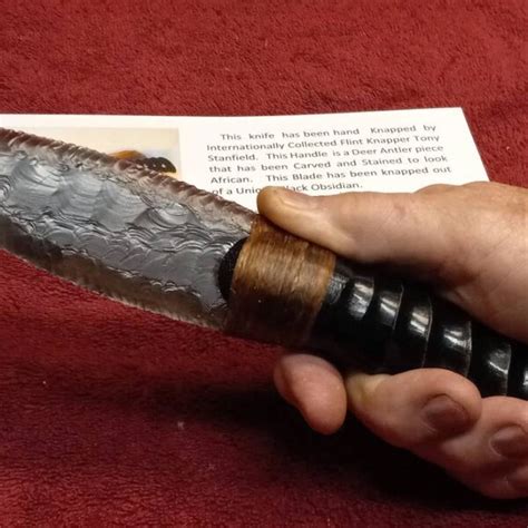 Large Knapped Glass Bowie Knife With Deer Antler Handle Flint Knapping