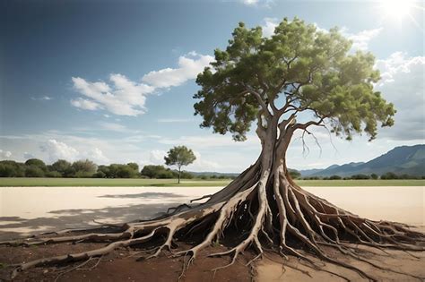 Premium AI Image Climate Change A Dry Tree With Dead Roots Vs A Living Tree With Strong Roots