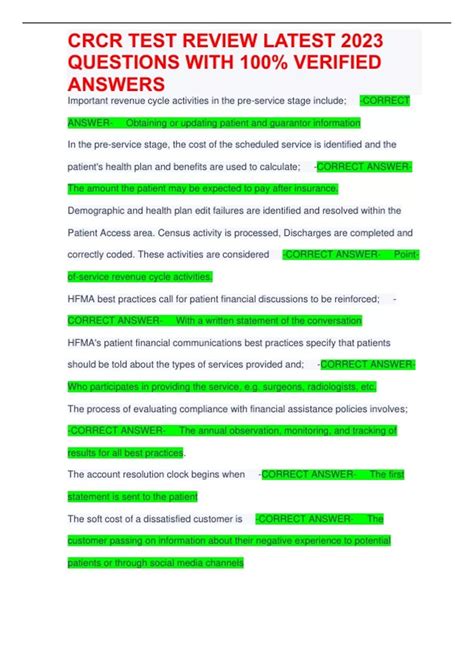 CRCR TEST REVIEW LATEST 2023 QUESTIONS WITH 100 VERIFIED ANSWERS CRCR Stuvia US