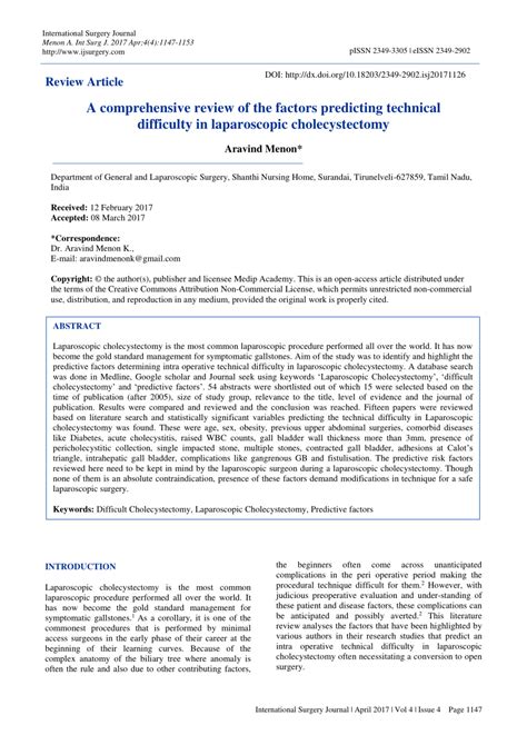Pdf A Comprehensive Review Of The Factors Predicting Technical Difficulty In Laparoscopic