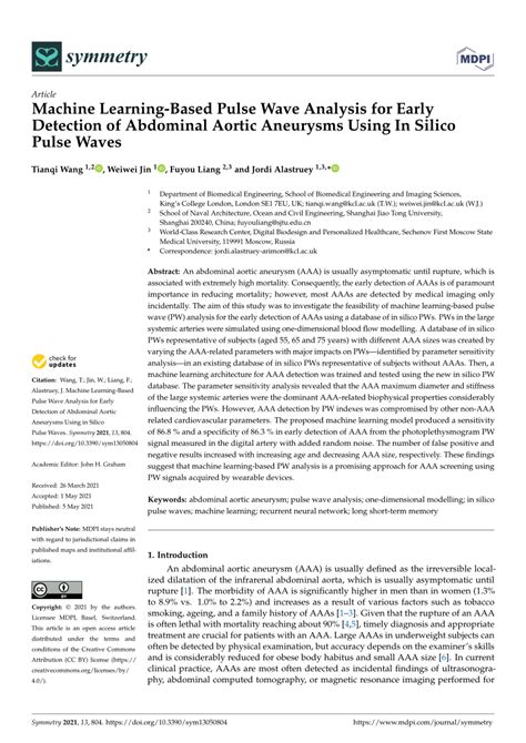 Pdf Machine Learning Based Pulse Wave Analysis For Early Detection Of Abdominal Aortic