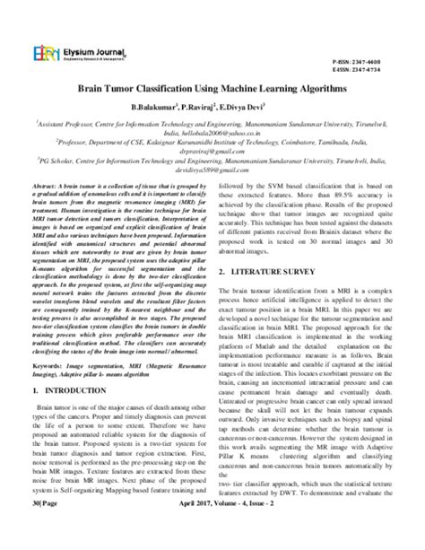 Pdf Brain Tumor Classification Using Machine Learning Algorithms